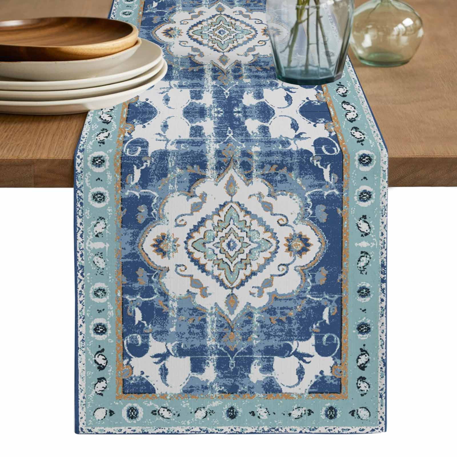 Blue Boho Table Runner, Farmhouse Bohemian Medallion Oriental Flower ...