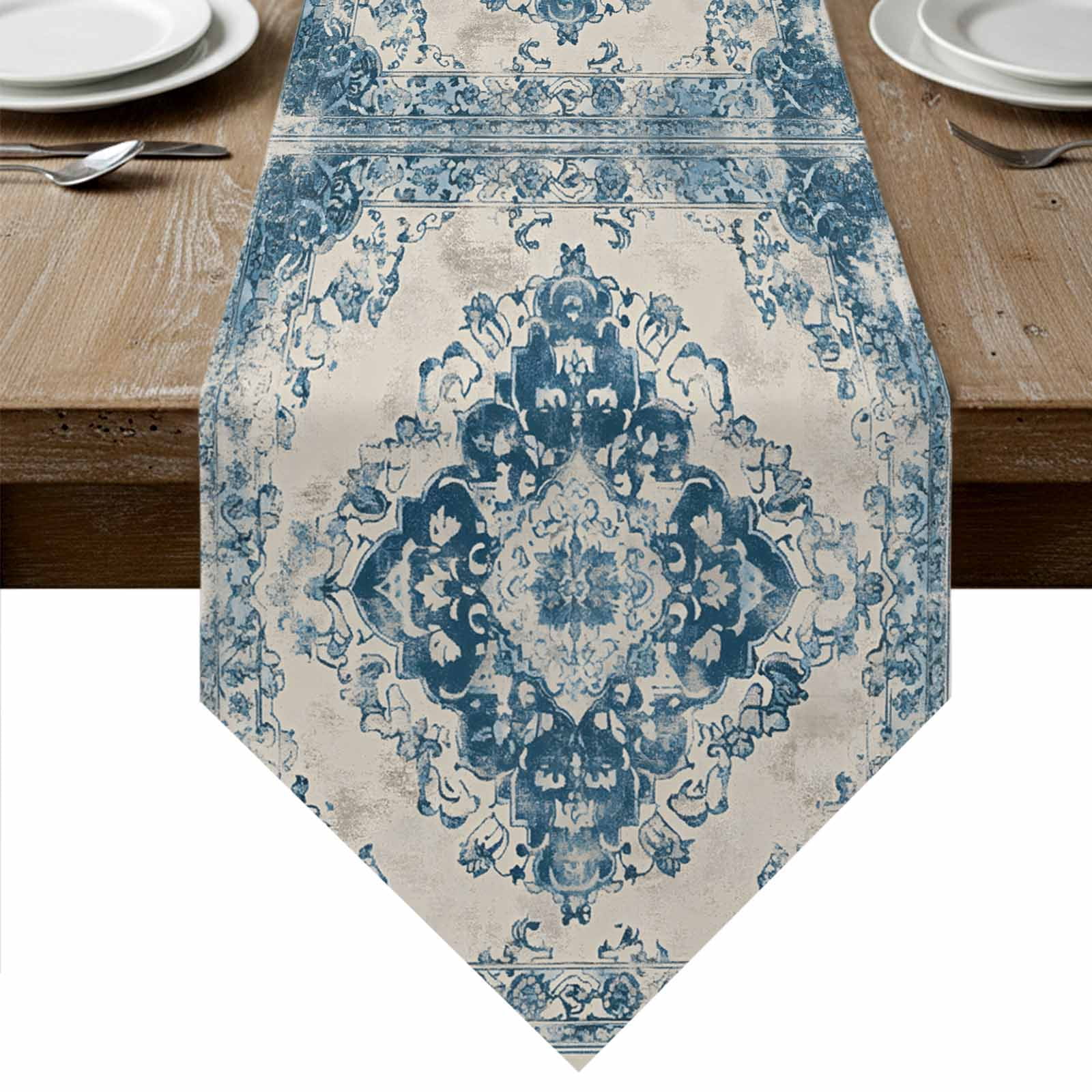 Blue Boho Table Runner Linen Burlap Table Runner 108 Inches Long Retro ...