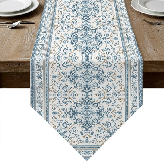 Blue Boho Table Runner Linen Burlap Table Runner 60 Inches Long ...