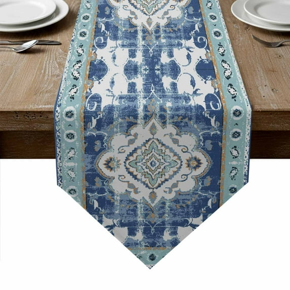 Blue Boho Table Runner Linen Burlap Table Runner 72 Inches Long ...