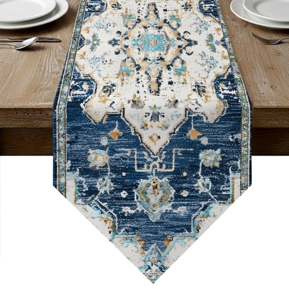 Blue Boho Table Runner Linen Burlap Table Runner 72 Inches Long ...