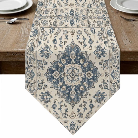Blue Boho Table Runner Linen Burlap Table Runner 72 Inches Long Vintage ...