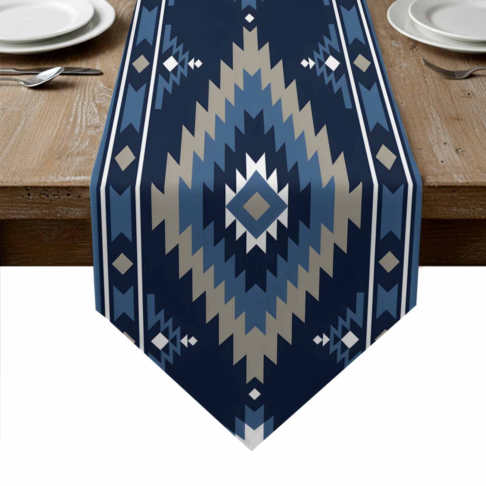 Blue Boho Table Runner Linen Burlap Table Runner 90 Inches Long Aztec ...