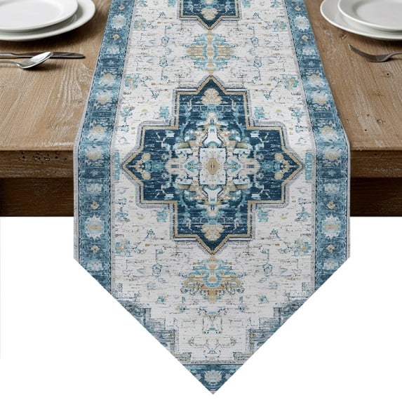 Blue Boho Table Runner Linen Burlap Table Runner 90 Inches Long ...