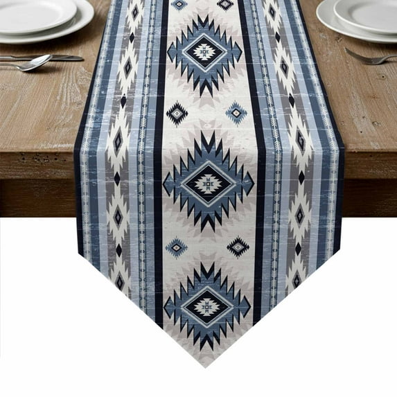Blue Boho Table Runner Linen Burlap Table Runner 90 Inches Long ...