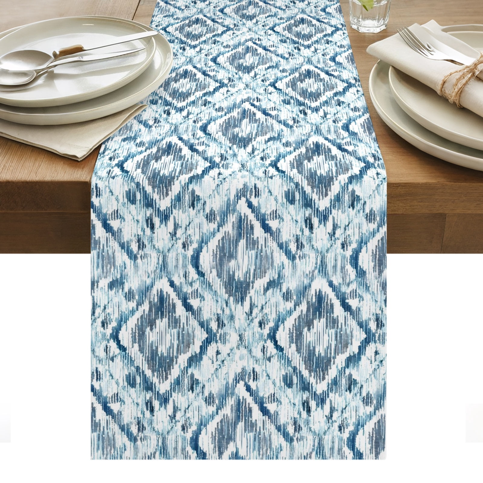 Blue Boho Table Runner Modern Abstract Bohemia Geometric Textured ...