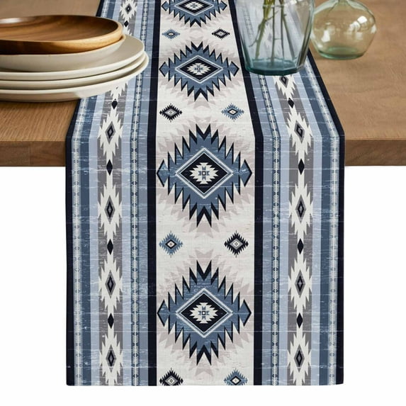 Blue Boho Table Runner, Southwestern Ethnic Aztec Retro Geometric ...