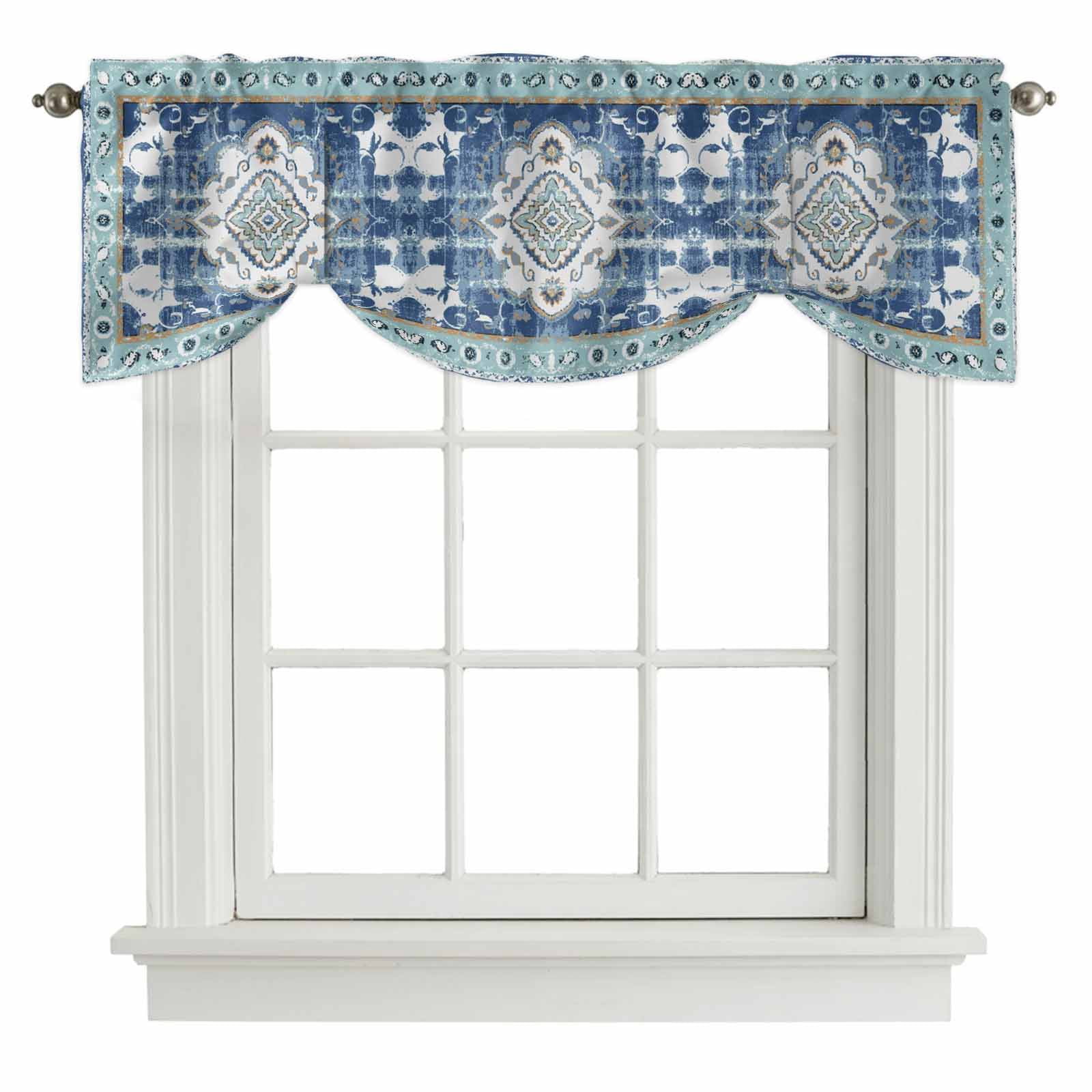 Blue Boho Tie Up Valance Curtains for Windows, Kitchen Curtains Window ...