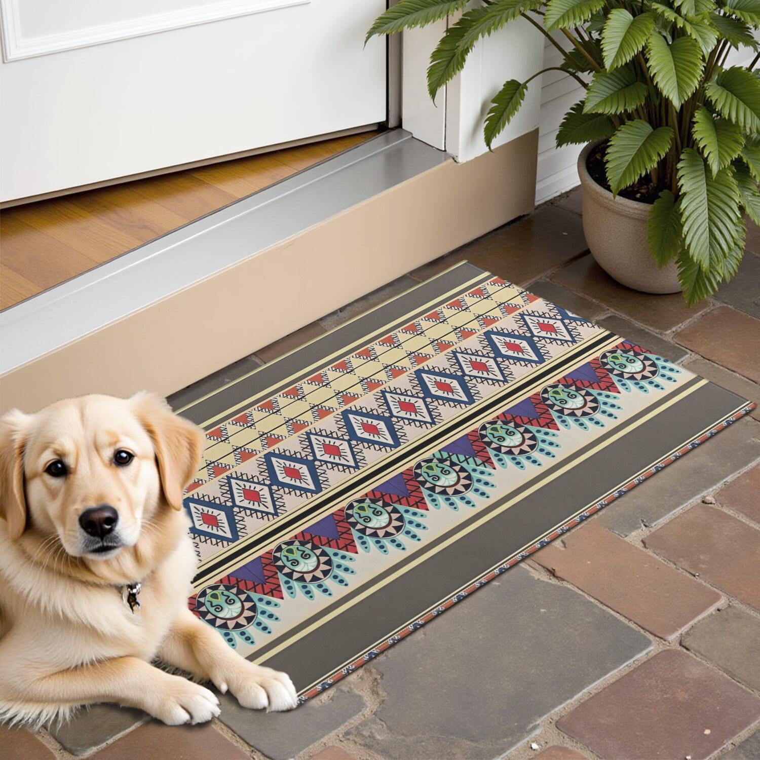 Blue Boho Tribal Masks and Diamonds Pattern Door Rugs,Washable Non Slip ...