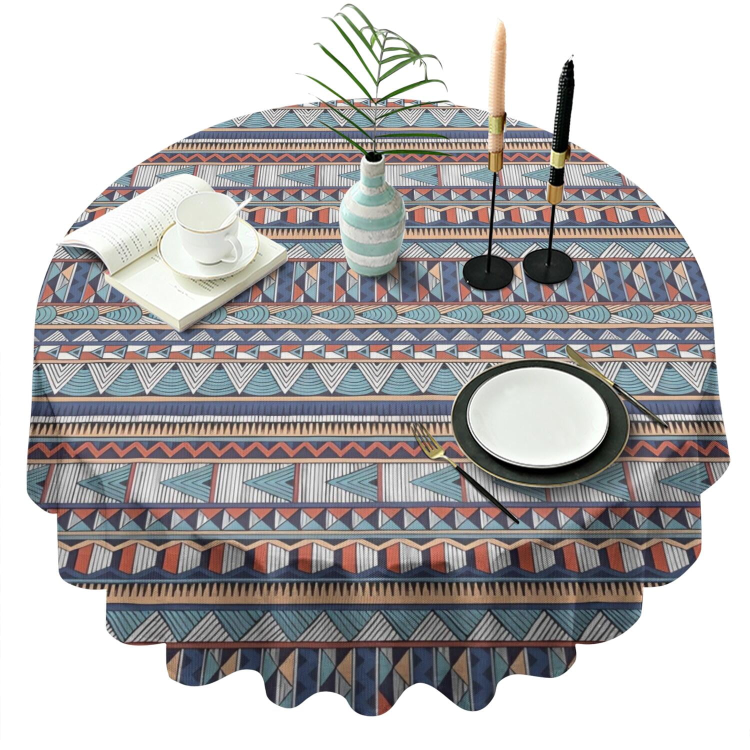Blue Boho Tribal Triangles and Arrows Pattern Round Tablecloth 60"x60 ...