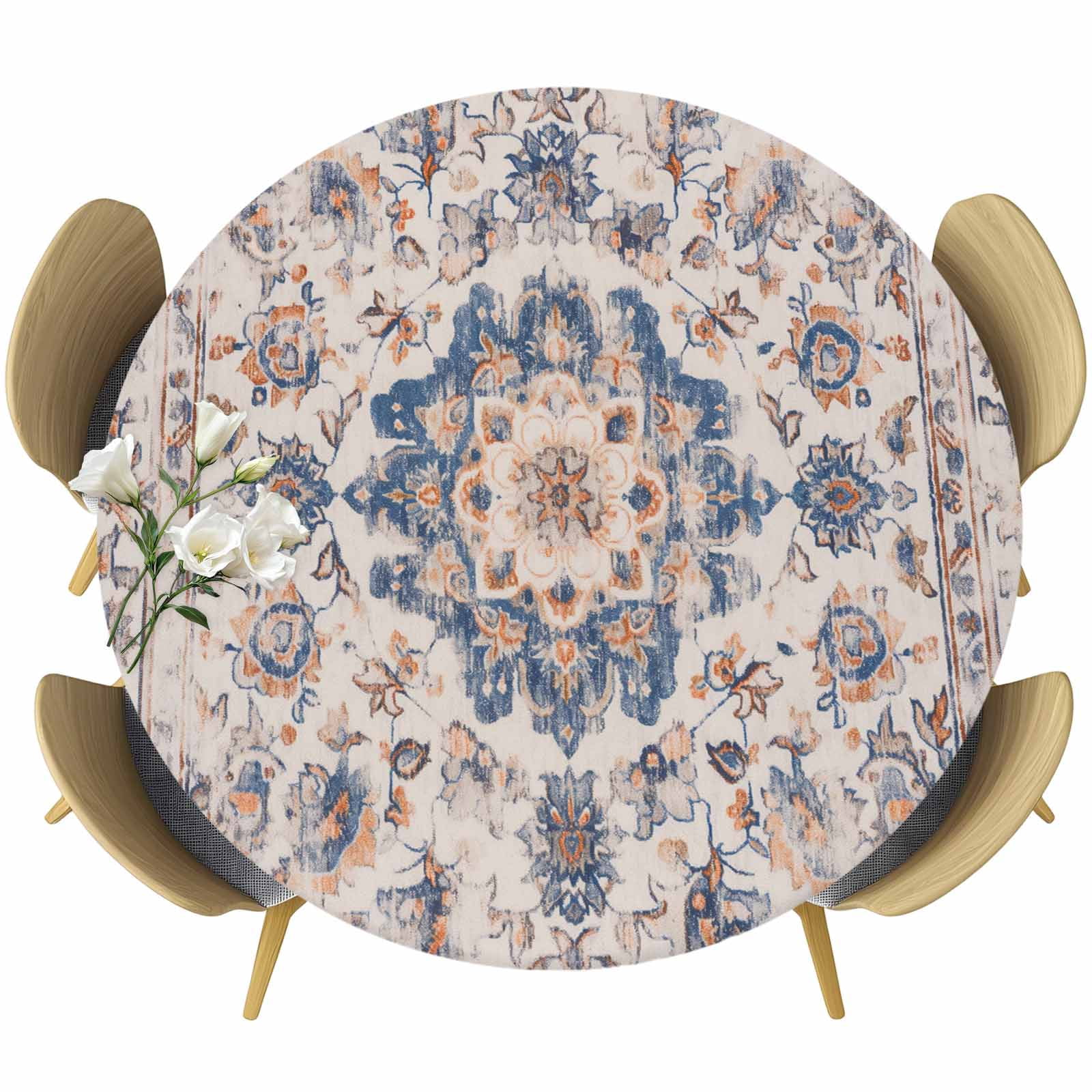Blue Boho Vintage Round Tablecloth 36-44 Inch Round Fitted Table Cloth ...