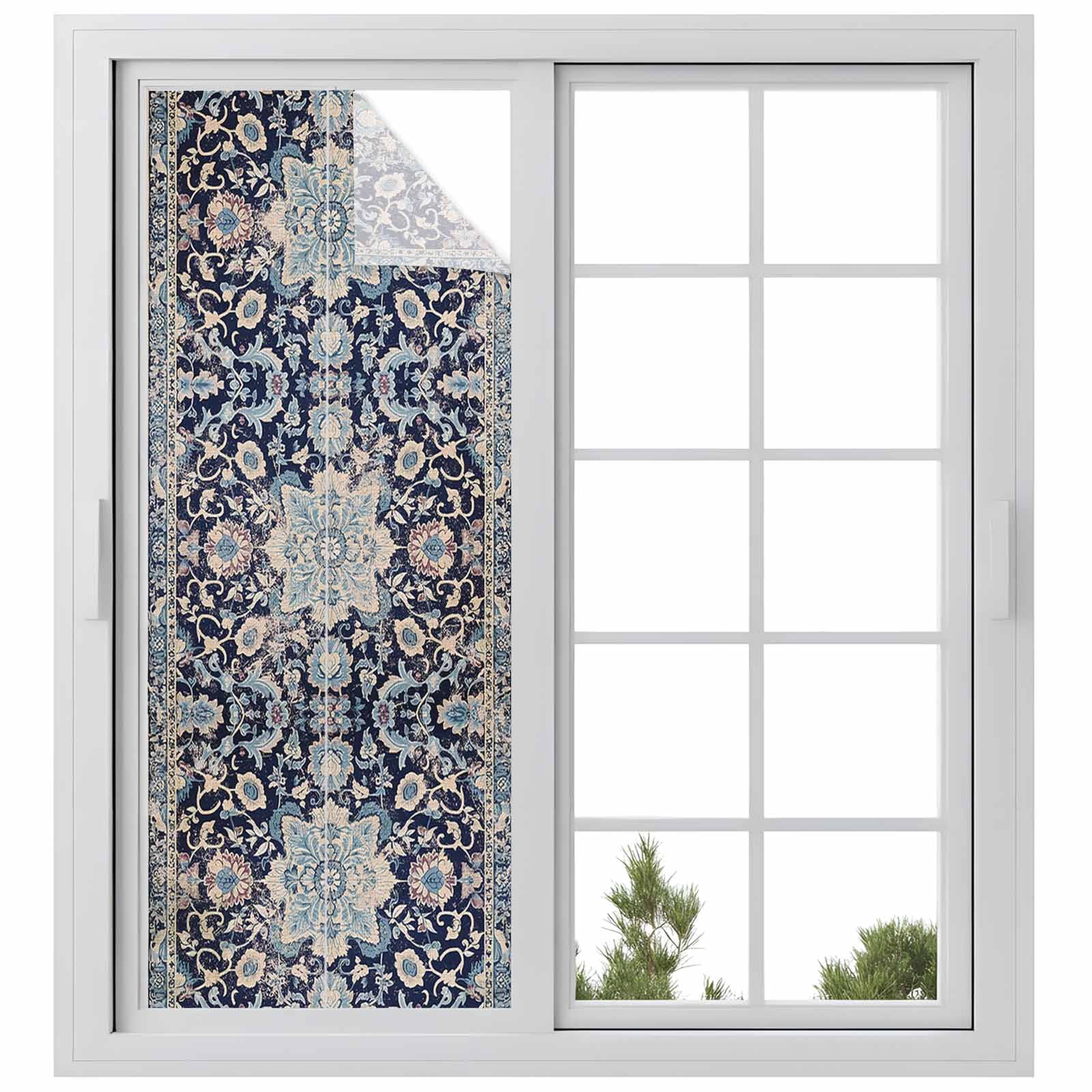 Blue Boho Window Privacy Film, Modern Geometric Abstract Art Vintage ...