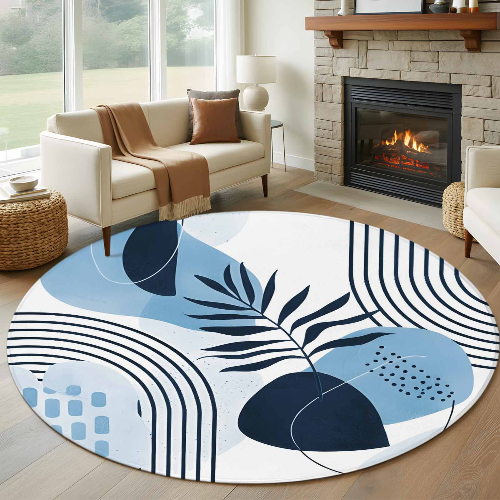 Blue Bohogeometric Round Rug 7ft Washable Circle Rugs Non Slip Bohemia ...