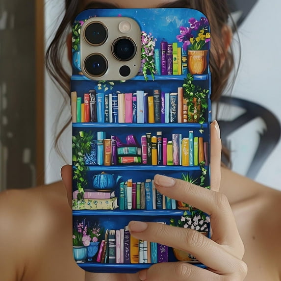 Blue Bookish Floral Themed Bookshelf Book Lover Phone Case 17 16 15 14 ...