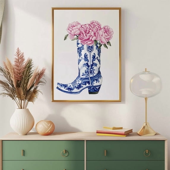 Blue Boot Pink Flowers Wall Art, Coastal Cowgirl, Preppy Decor, Boho ...