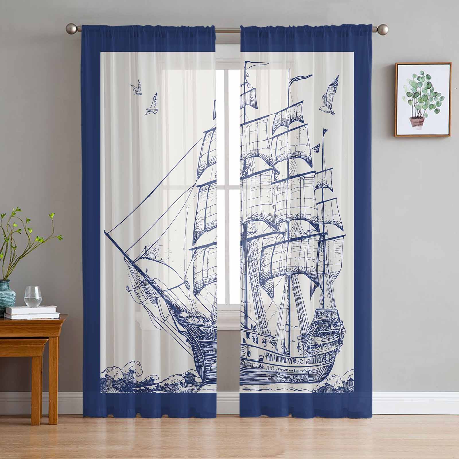 Blue Border Vintage Sailboat Sailing Curtains Living Room Sheer Tulle ...