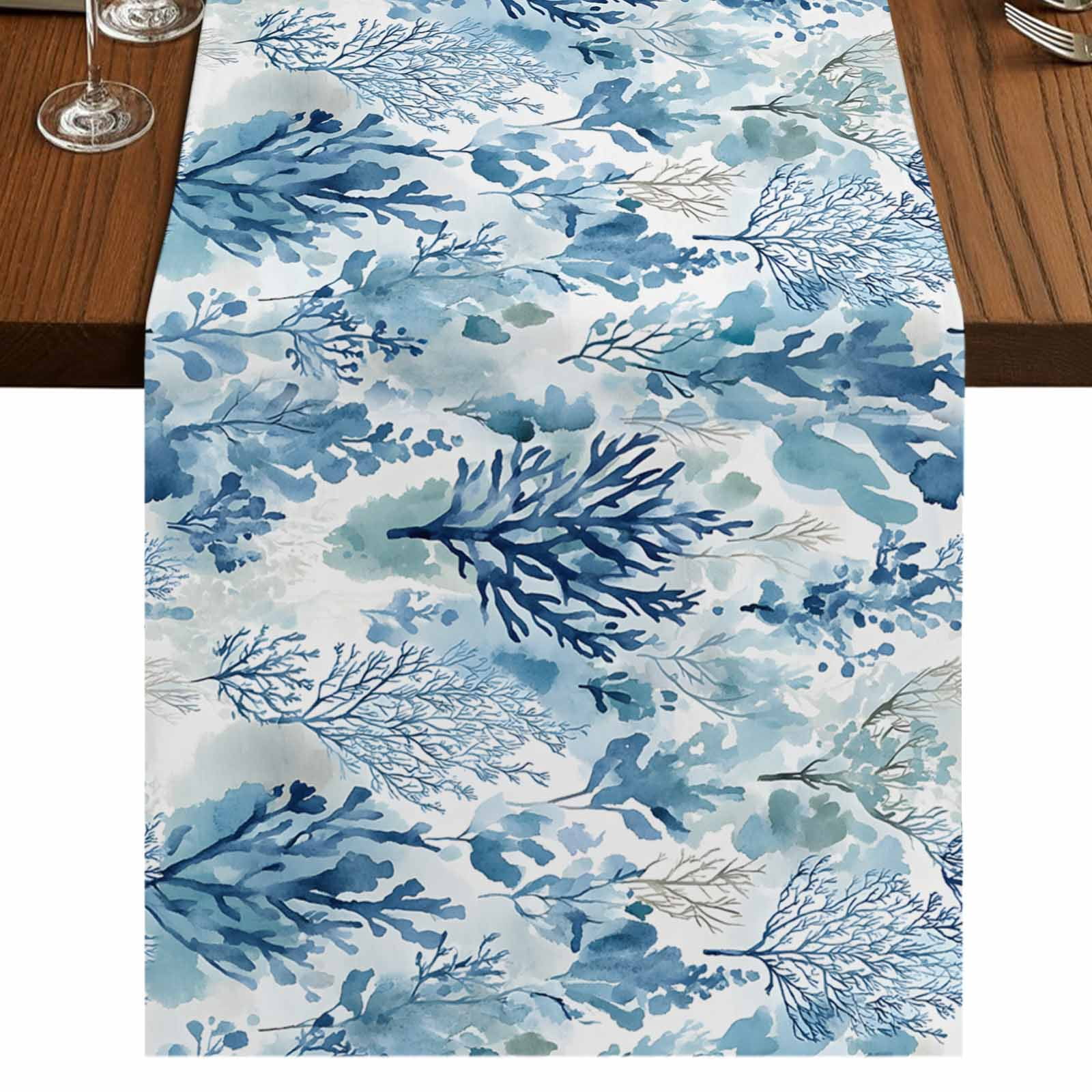 Blue Botanical 120 Inch Table Runner, Impressionist Style Watercolor ...