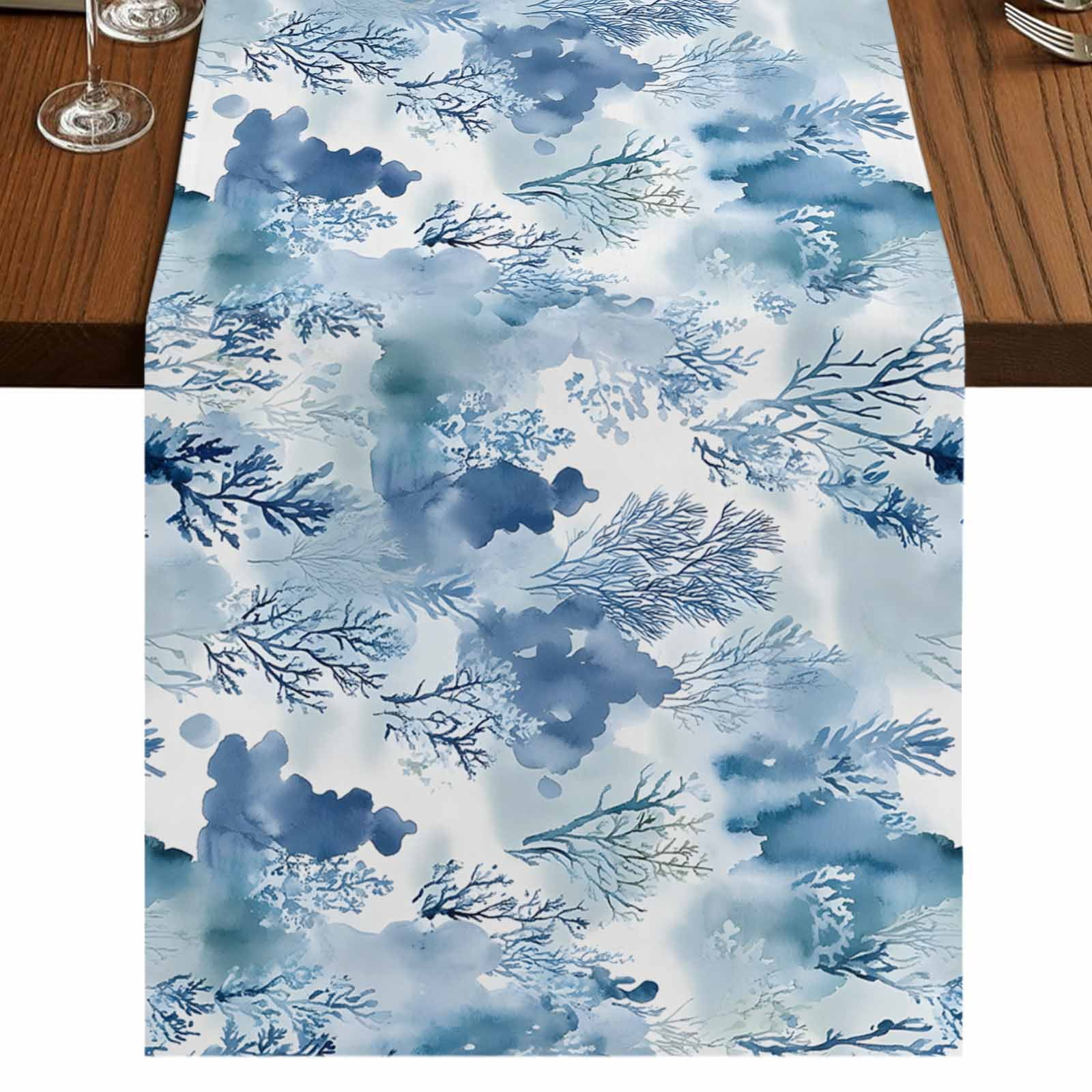 Blue Botanical 120 Inch Table Runner, Vintage Watercolor Impressionist ...