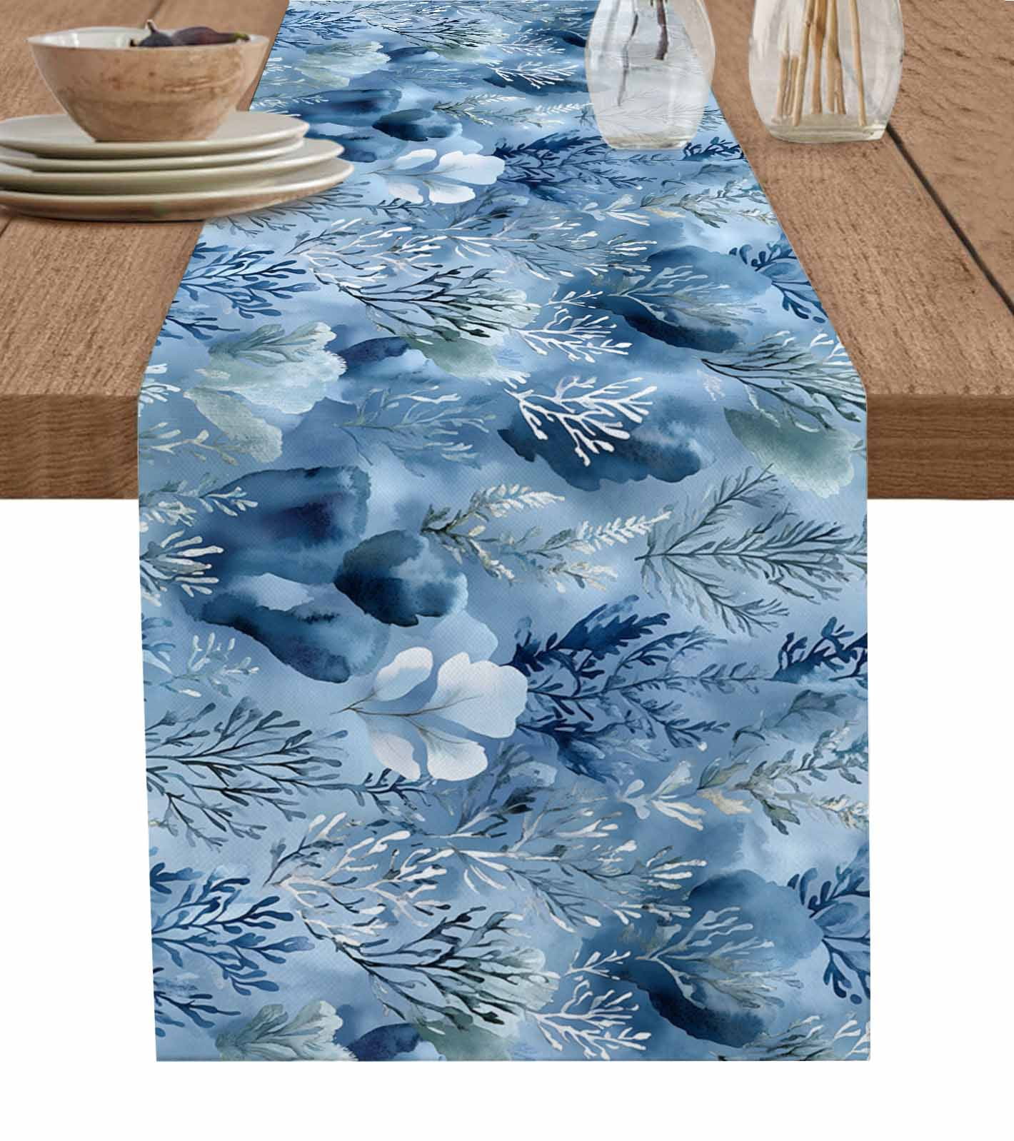Blue Botanical Art Burlap Cotton Table Runner 13x36 Inches Short ...