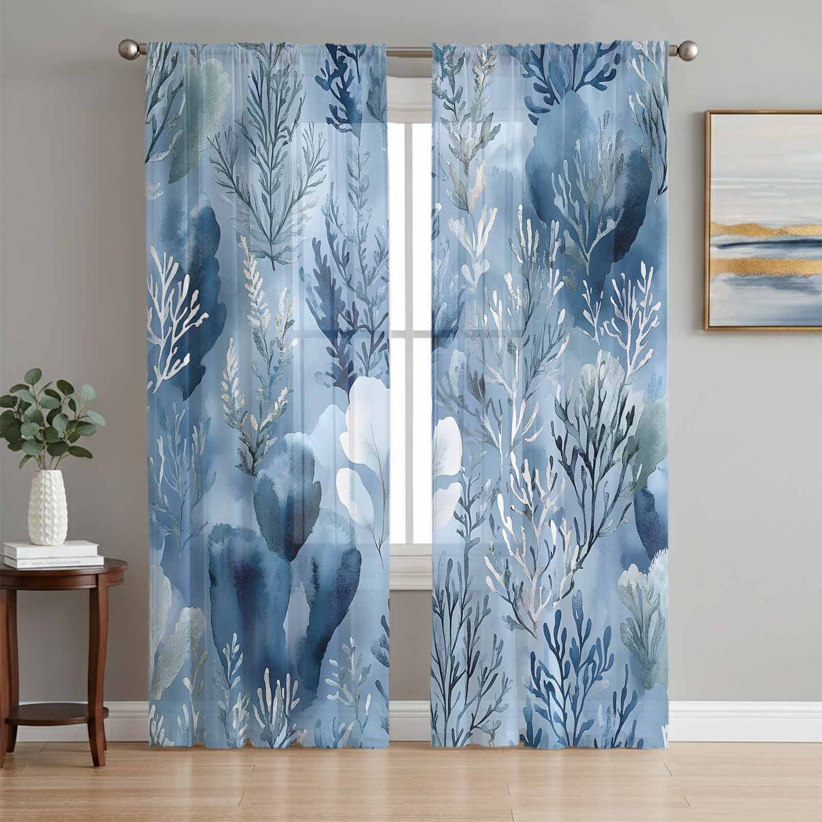 Blue Botanical Art Sheer Curtains 84 Inch Length 2 Panels Set, Pastoral ...