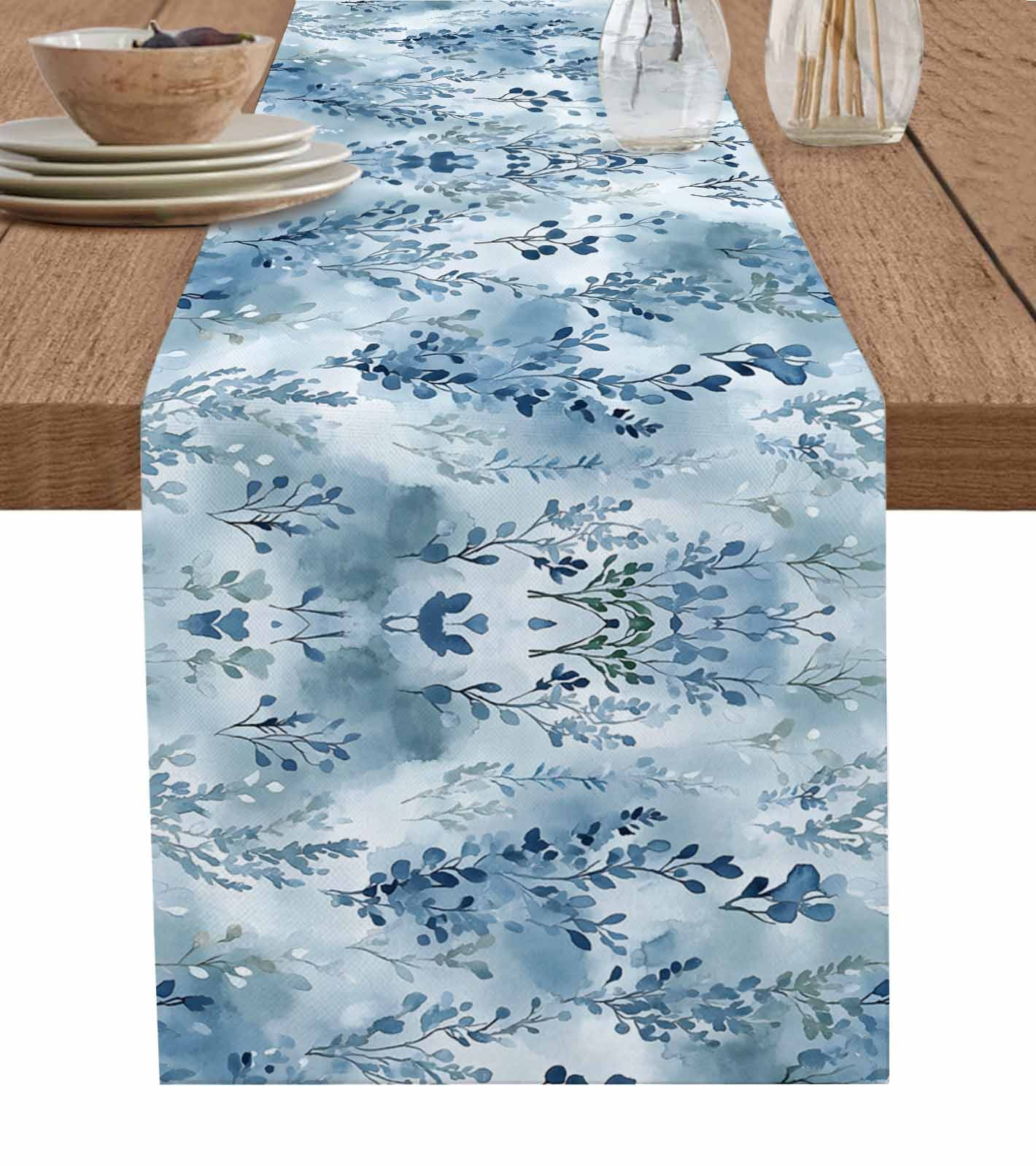 Blue Botanical Art Table Runner Cotton Linen 120 Inch Holiday Dresser ...