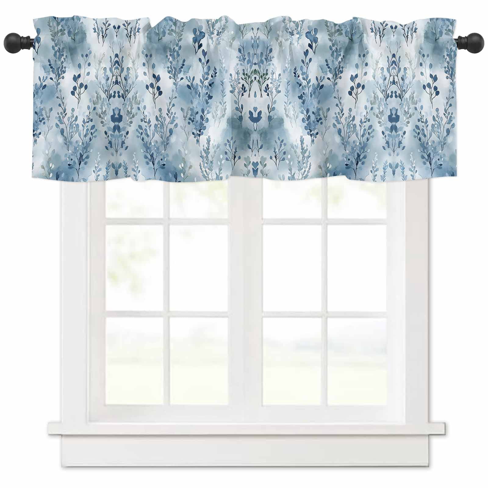 Blue Botanical Art Valances for Windows Farmhouse Kitchen Curtains ...