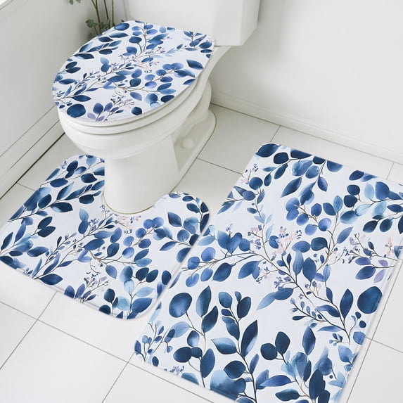 Blue Botanical Bathroom Rugs Set Spring Eucalyptus Leaf Greenery ...