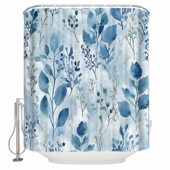Blue Botanical Bathroom Shower Curtains with 12 Hooks Polyester ...