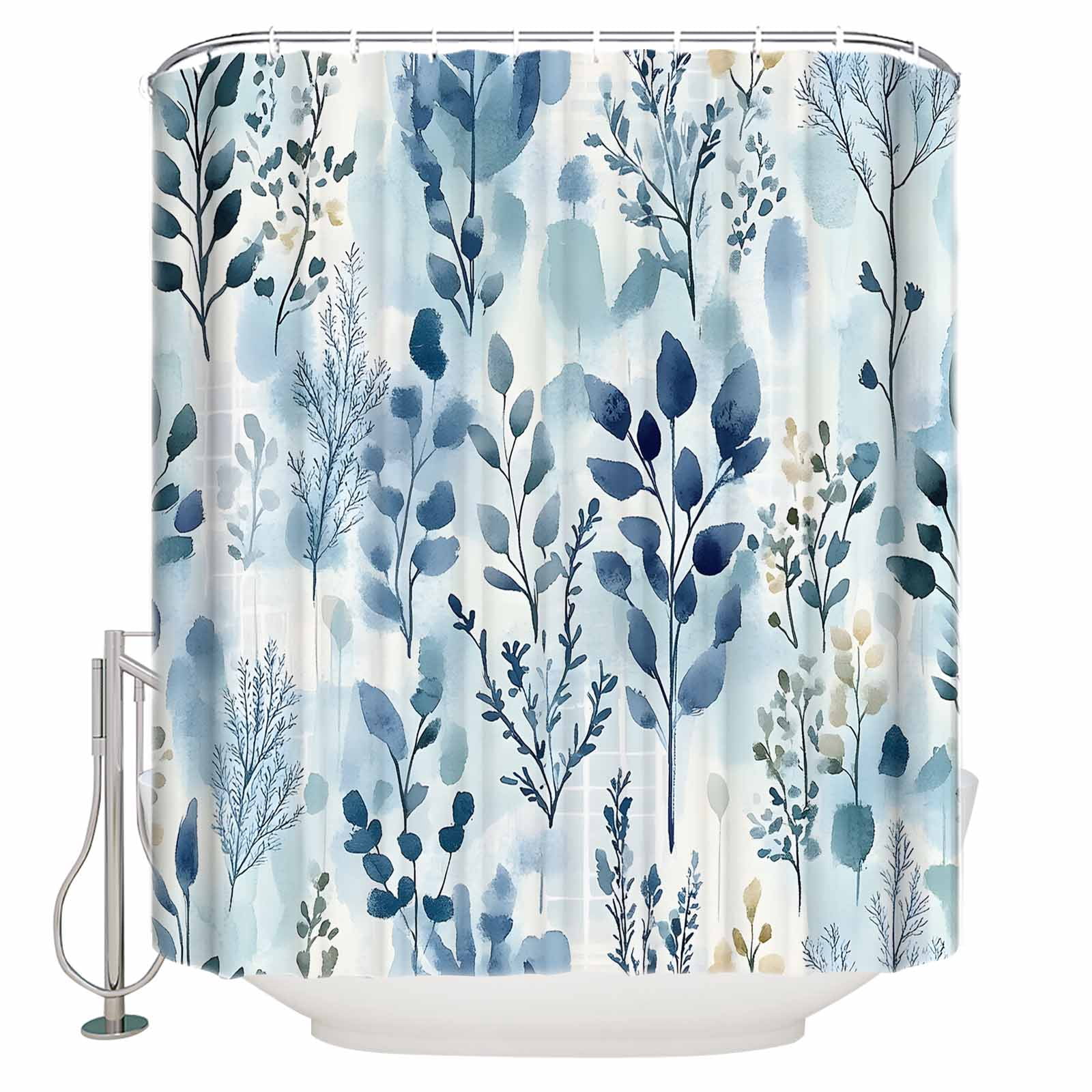 Blue Botanical Bathroom Shower Curtains with 12 Hooks Polyester ...