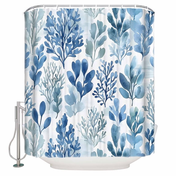 Blue Botanical Bathroom Shower Curtains with 12 Hooks Polyester ...