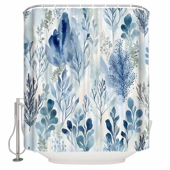 Blue Botanical Bathroom Shower Curtains with 12 Hooks Polyester ...