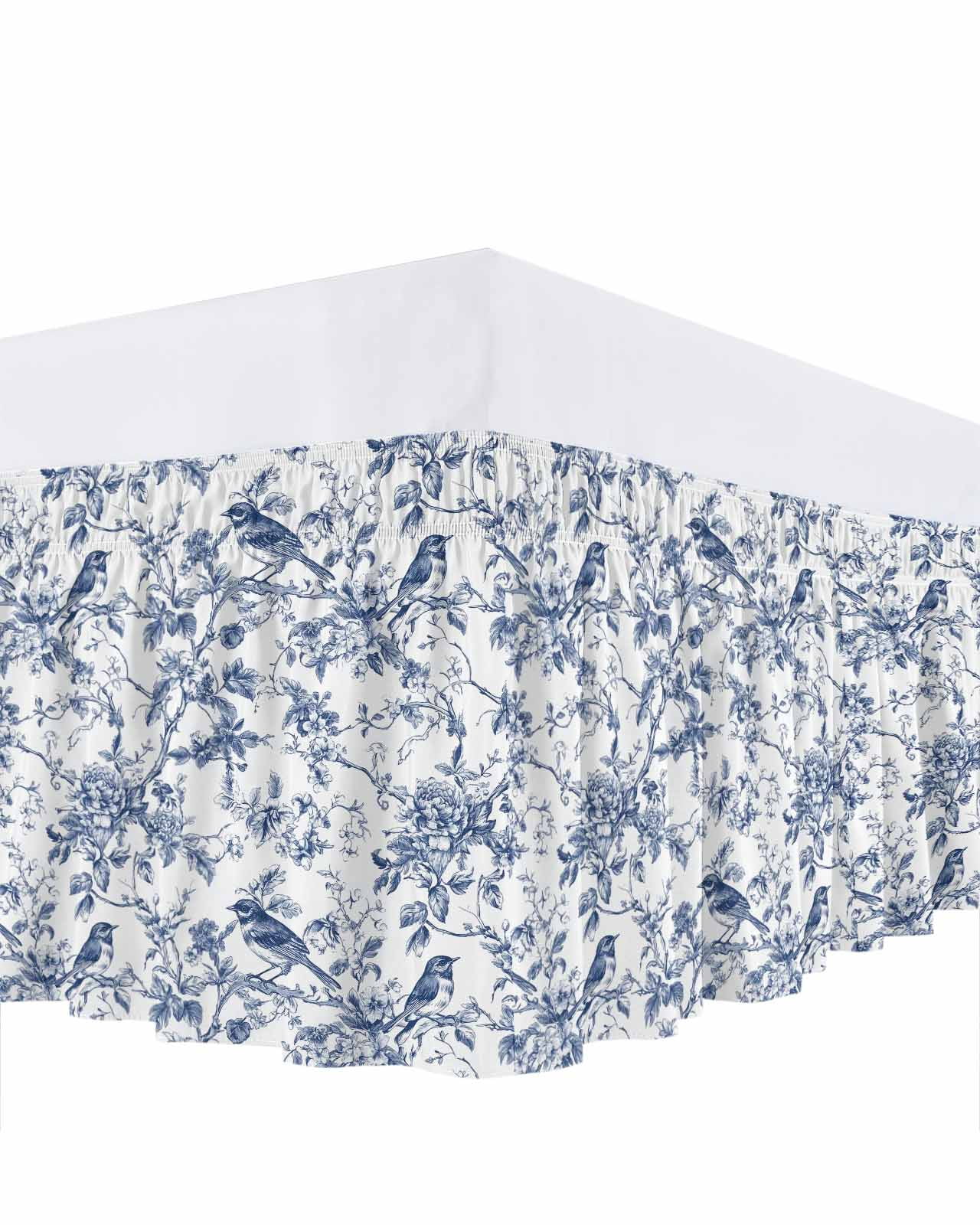 Blue Botanical Bed Skirt Cal King Size, Vintage Botanical Birds Wrap ...