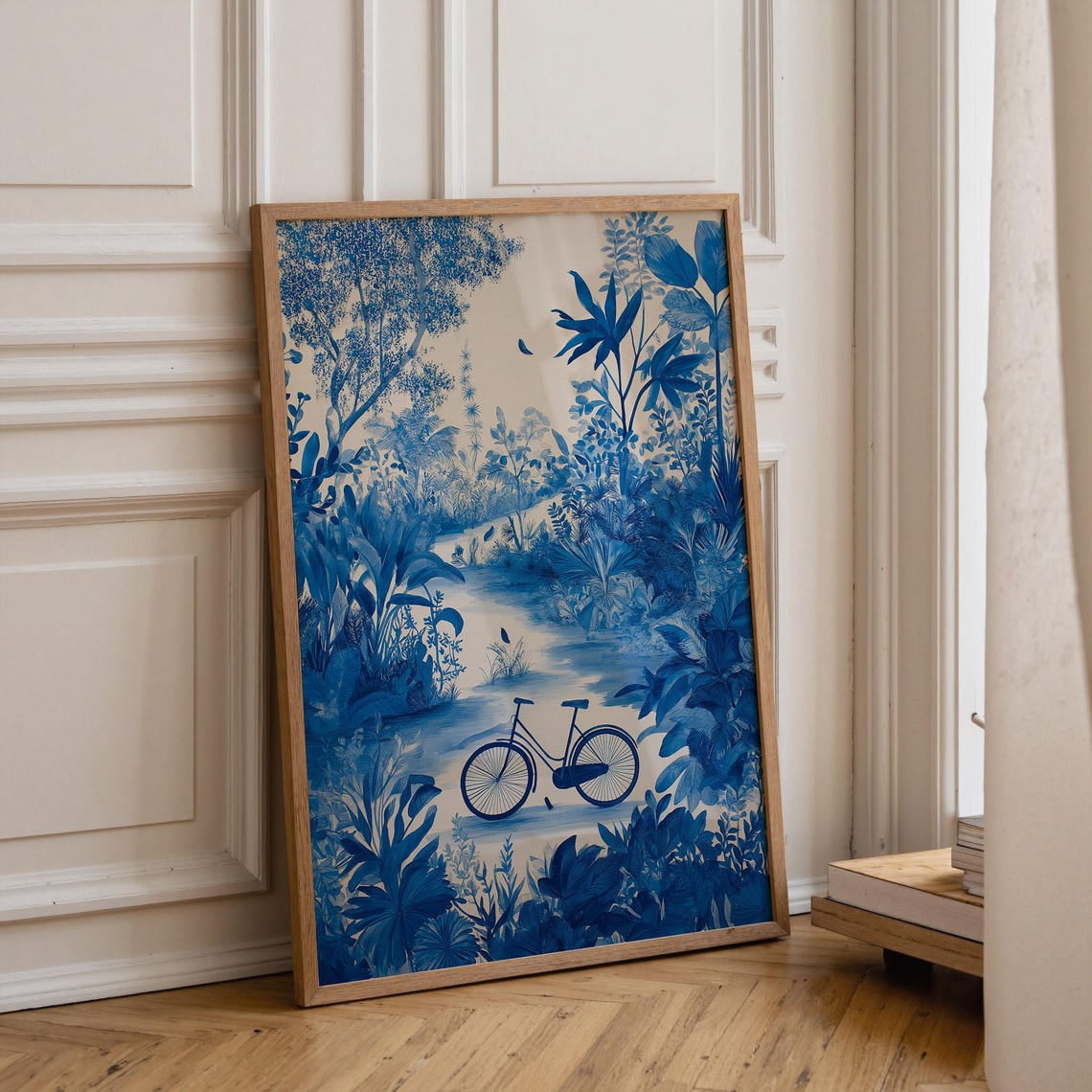 Blue Botanical Bicycle Chinoiserie Coastal Landscape Artwork Option ...