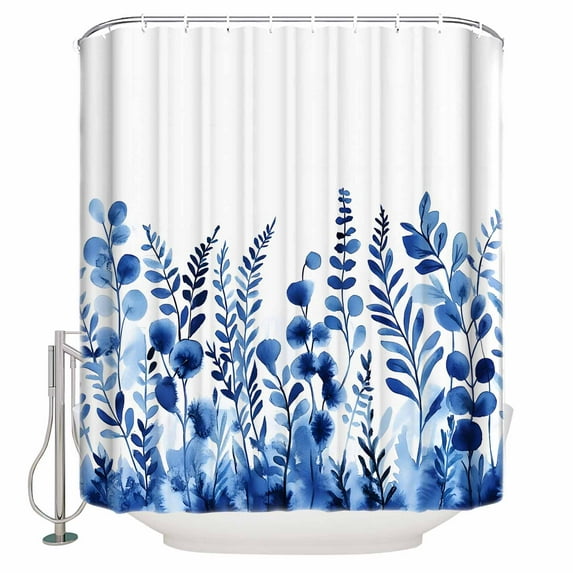 Blue Botanical Blossom Bathroom Shower Curtains with 12 Hooks Polyester ...