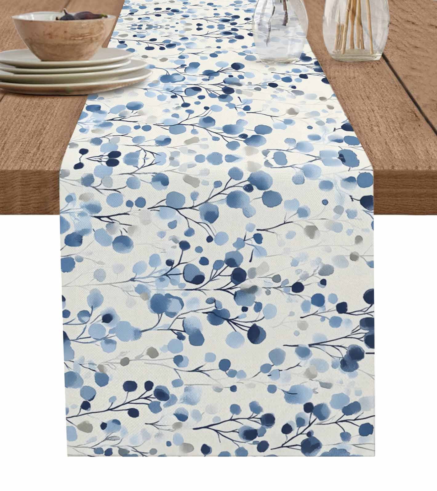 Blue Botanical Burlap Cotton Table Runner 13x72 Inches Long, Country ...