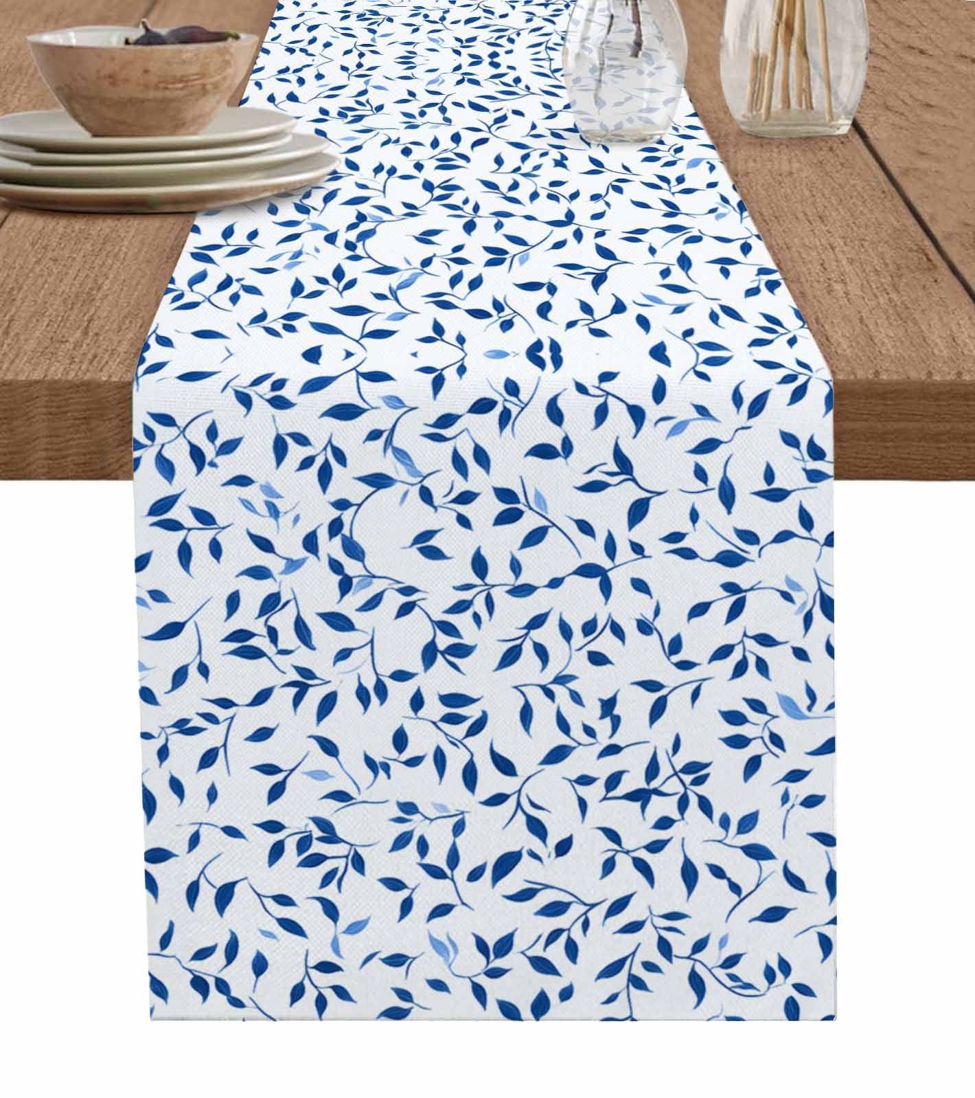 Blue Botanical Burlap Cotton Table Runner 18x72 Inches Long, Pastoral ...