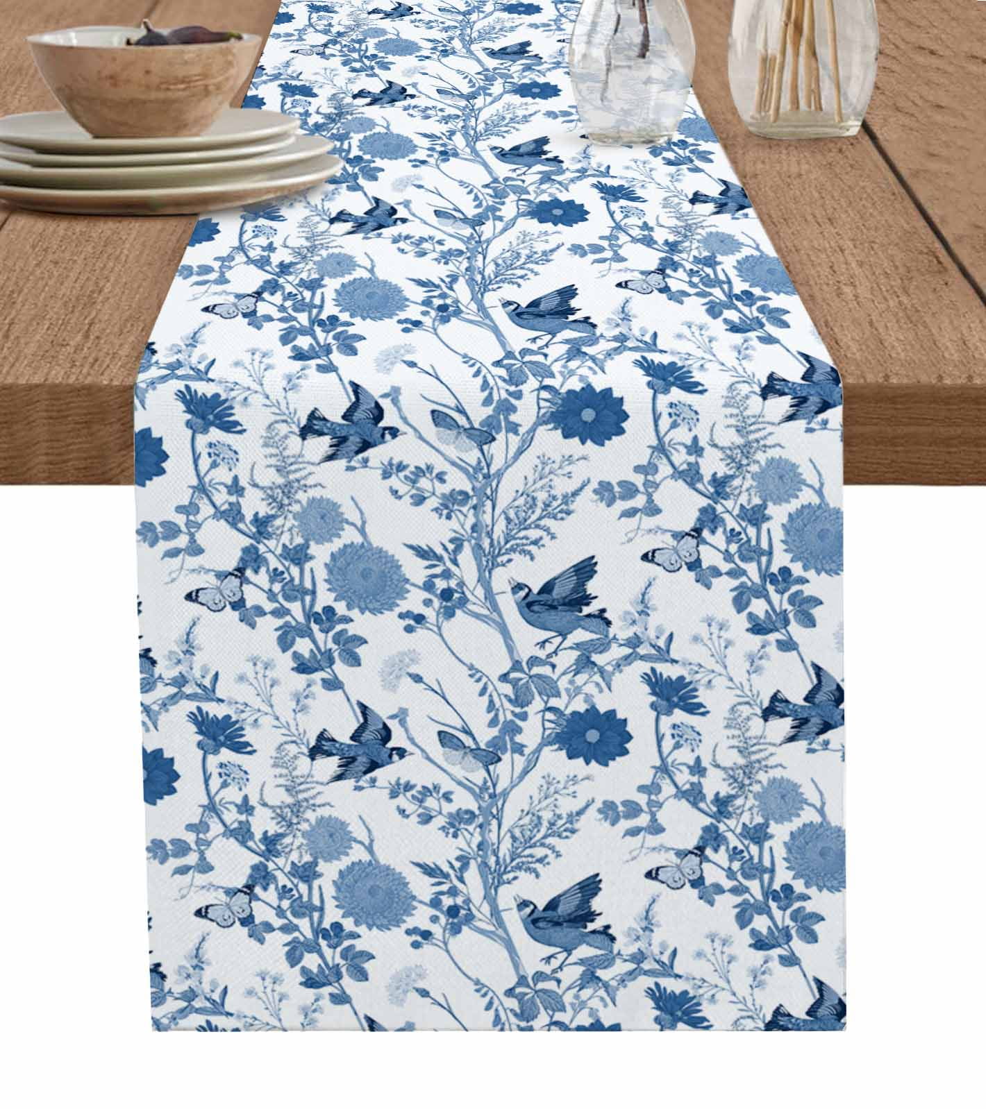 Blue Botanical Burlap-Cotton Table Runner 60 Inches Long,Vintage Birds ...