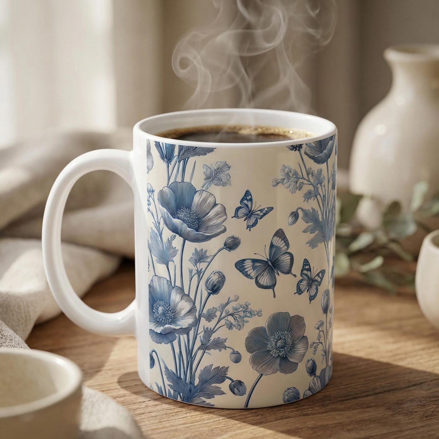 Blue Botanical Butterfly Mug, Vintage Floral Coffee Cup, Cottagecore ...