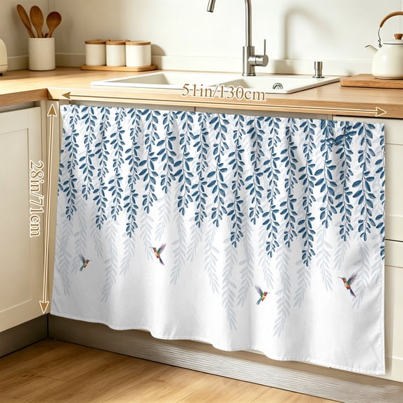 Blue Botanical Cabinet Curtain 28"W x 51"L, Pastoral Spring Floral ...