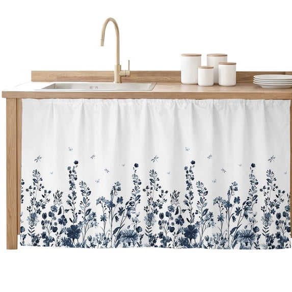 Blue Botanical Cabinet Curtains 28"W x 51"L,Dustproof Sink Skirt ...