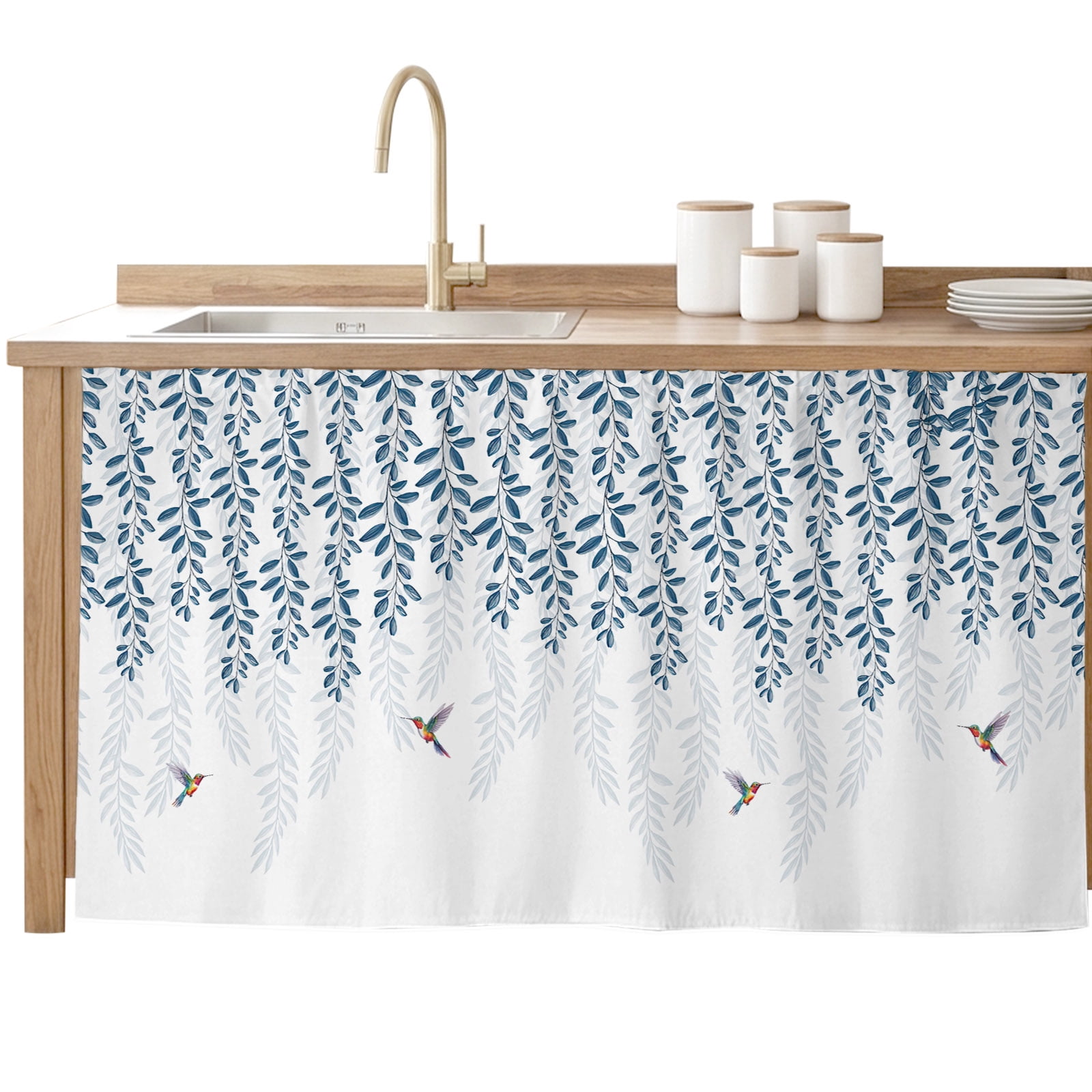 Blue Botanical Cabinet Curtains 28"W x 51"L,Dustproof Sink Skirt ...