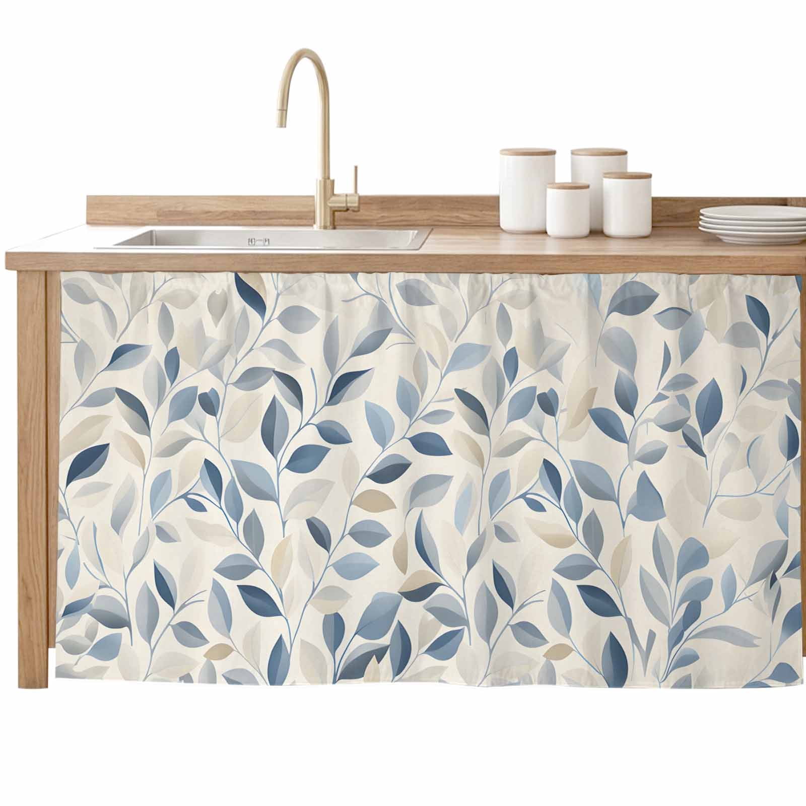 Blue Botanical Cabinet Curtains 32"W x 55"L,Dustproof Sink Skirt ...