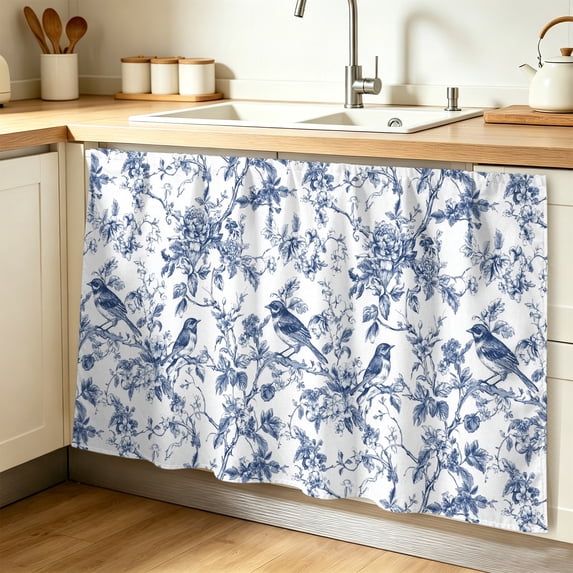 Blue Botanical Cabinet Curtains for Shelves, Vintage Botanical Birds ...