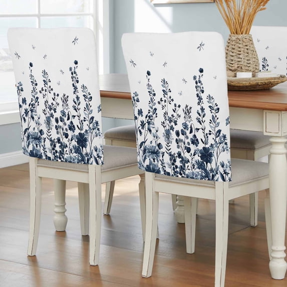 Blue Botanical Chair Back Covers, Dragonfly Flower Leaf Retro Ink Style ...