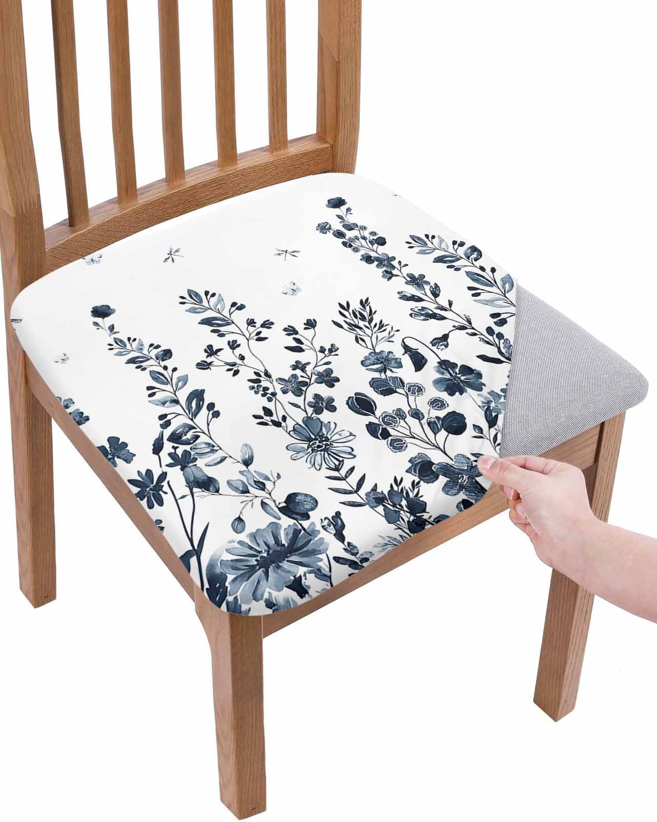 Blue Botanical Chair Seat Covers for Dining Room Stretch Chair Seat ...