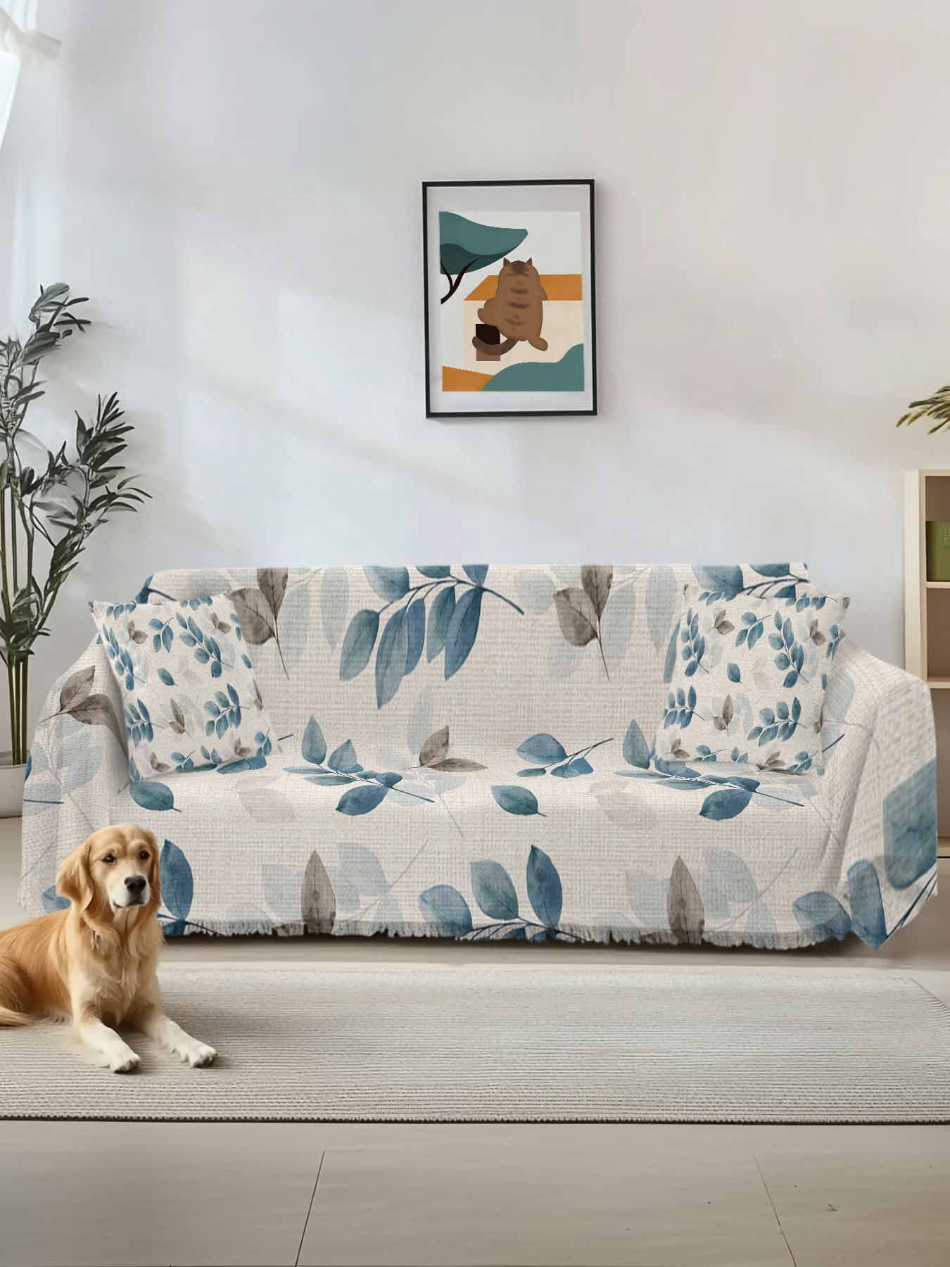 Blue Botanical Fall Couch Cover, Pastoral Maple Leaf Autumn Rustic Sofa ...