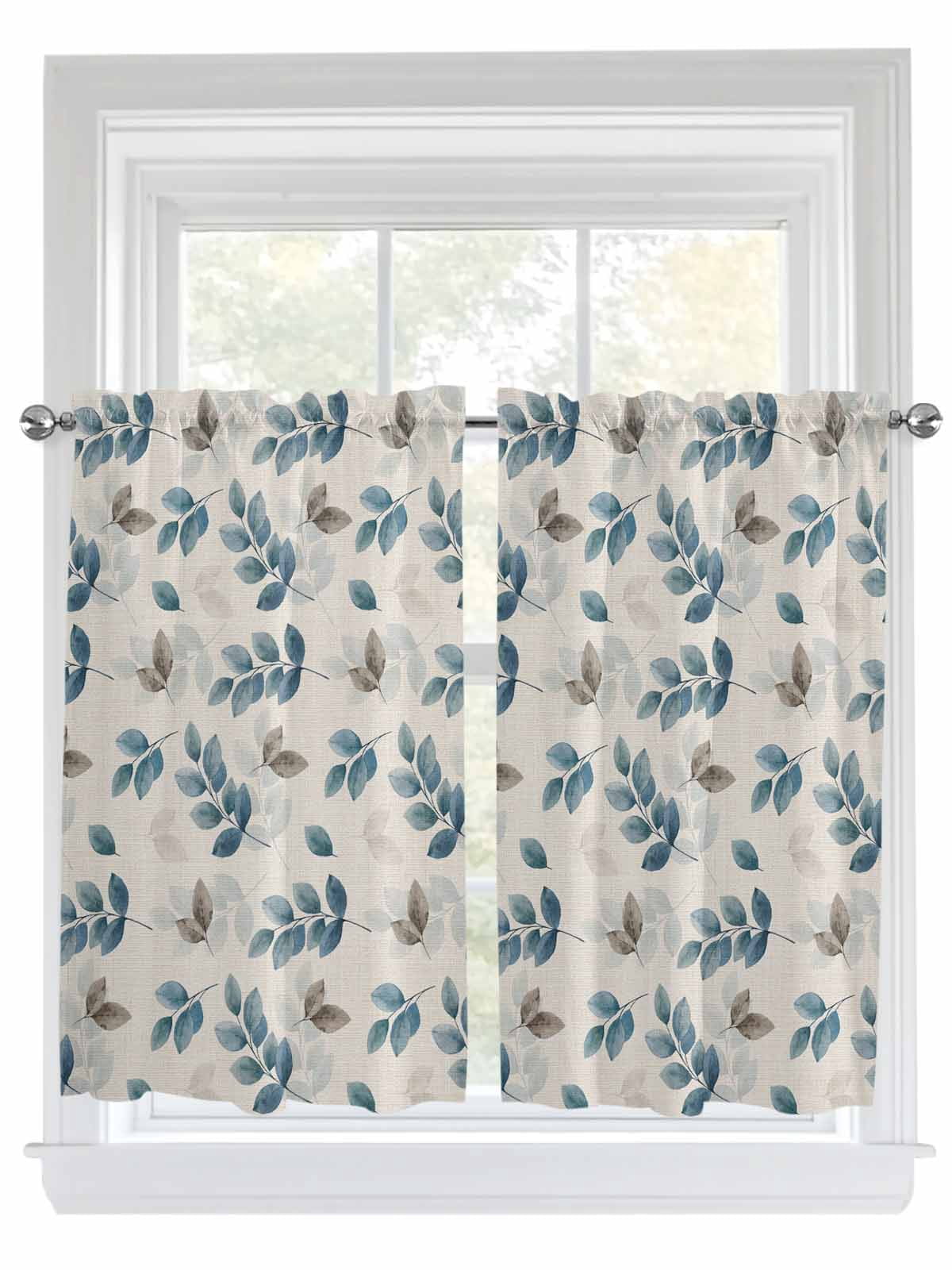 Blue Botanical Fall Kitchen Curtains 45 Inch Length, Pastoral Maple ...