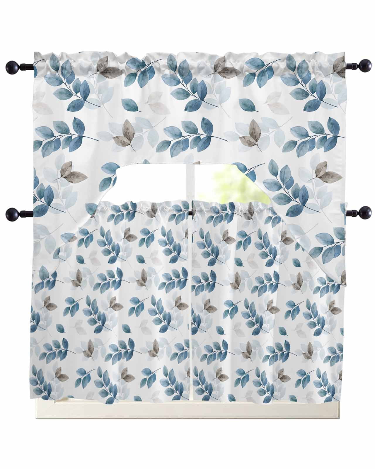 Blue Botanical Fall Kitchen Curtains Set for Windows 3 Piece Cafe ...