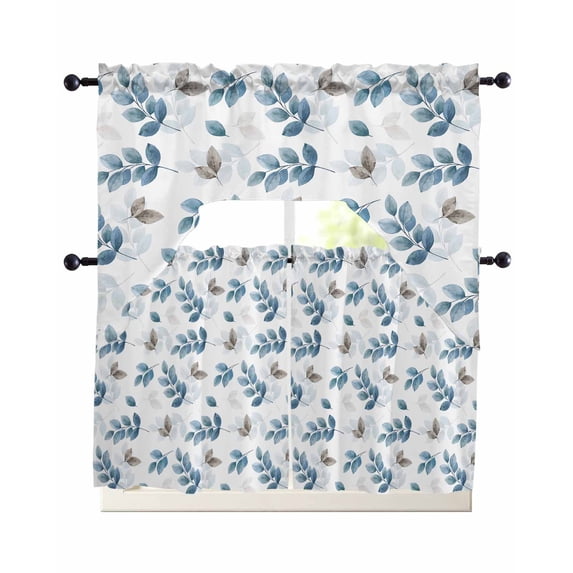 Blue Botanical Fall Kitchen Curtains Set for Windows 3 Piece Cafe ...