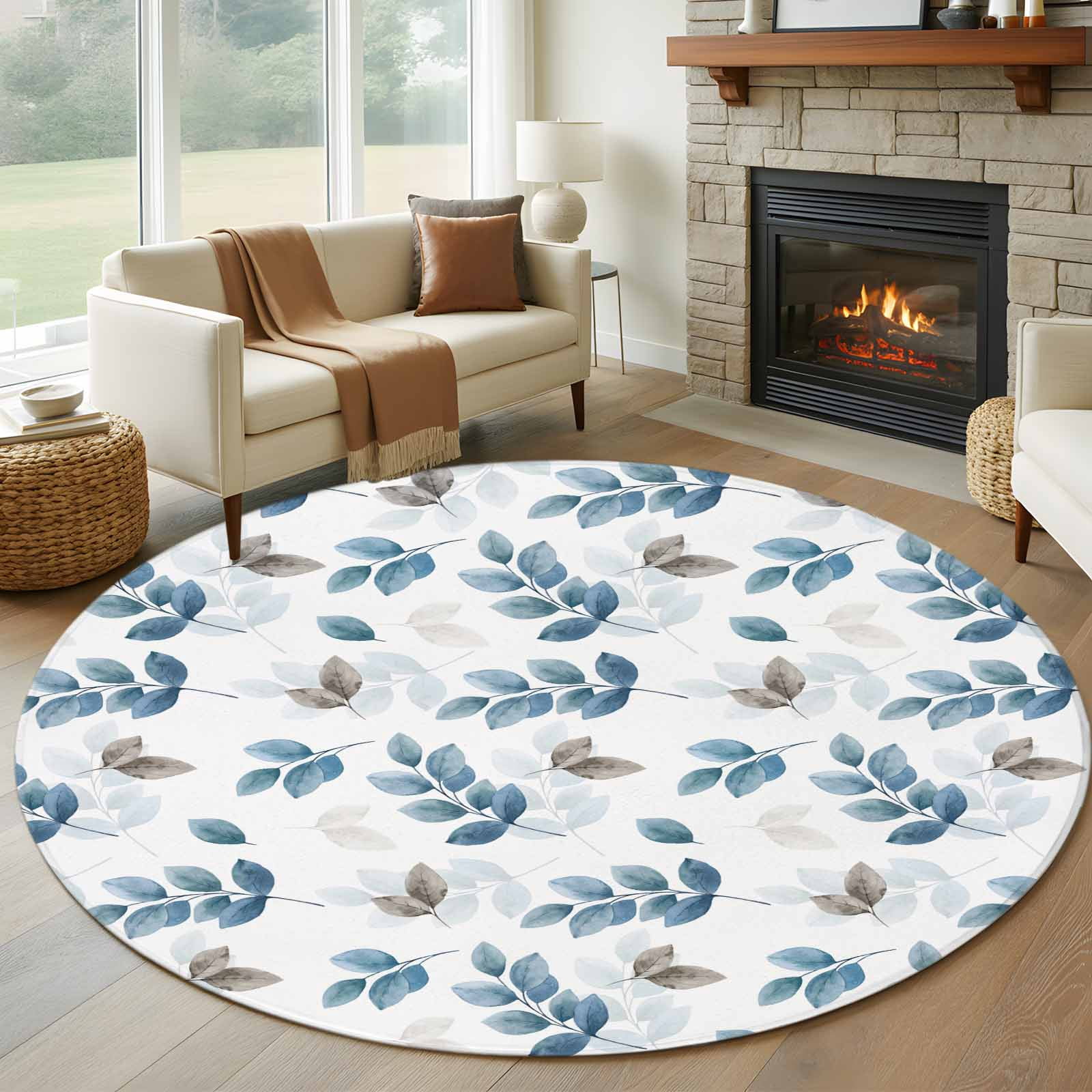 Blue Botanical Fall Round Area Rug 6 FT, Non Slip Bedroom Rugs ...